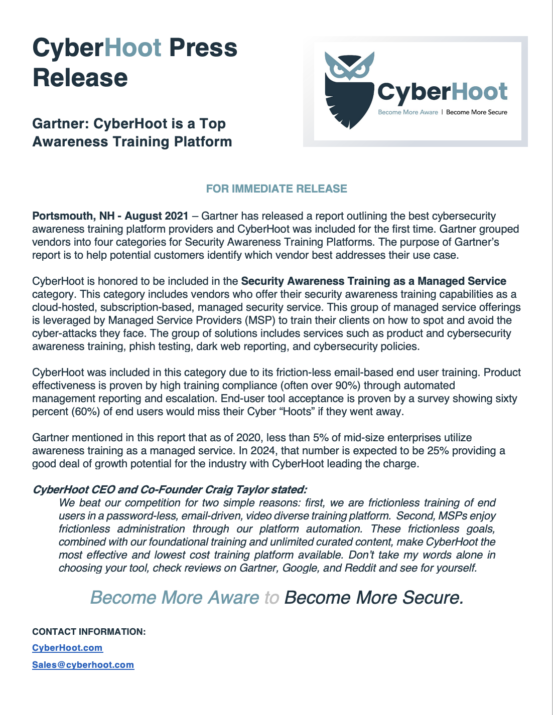 CyberHoot August Press Release - CyberHoot